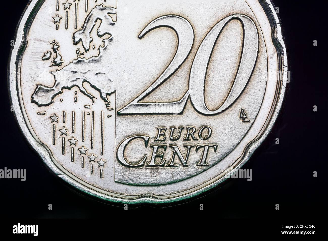 20 Cent Euro Coin Reverse Super Macro Black Background Stock Photo - Alamy