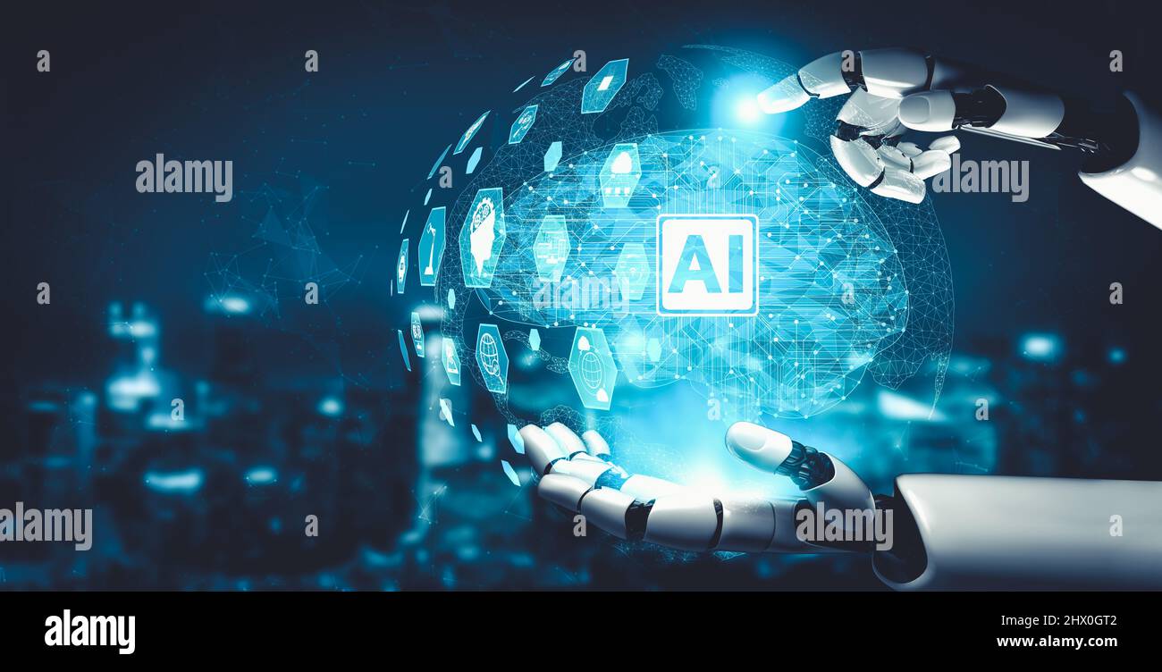 3D rendering artificial intelligence AI research of droid robot and ...