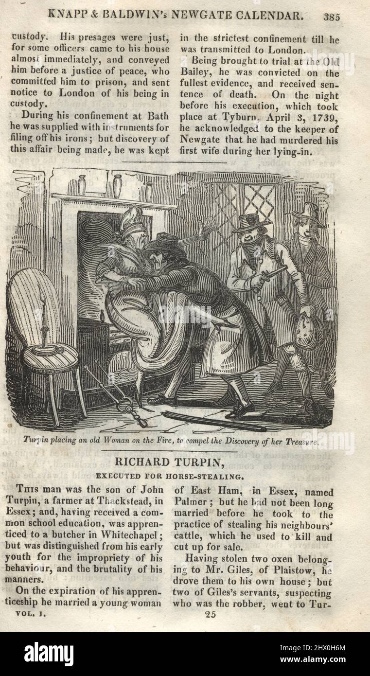 Page from the Newgate Calendar, Dick Turpin placing an old woman on the ...