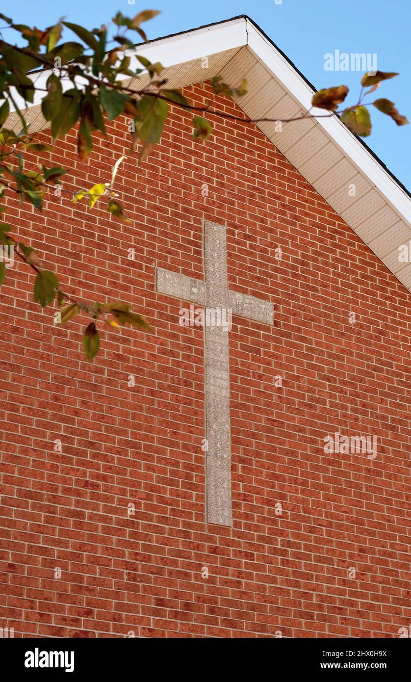 Focus on Cross on Facade or Brick Wall of Modern Christian Church Stock ...
