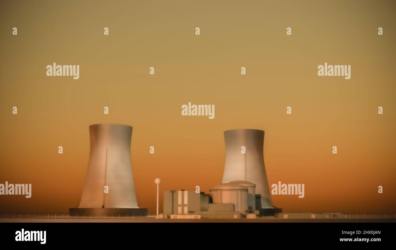 nuclear power plant at sunset 3d illustration Stock Photo - Alamy