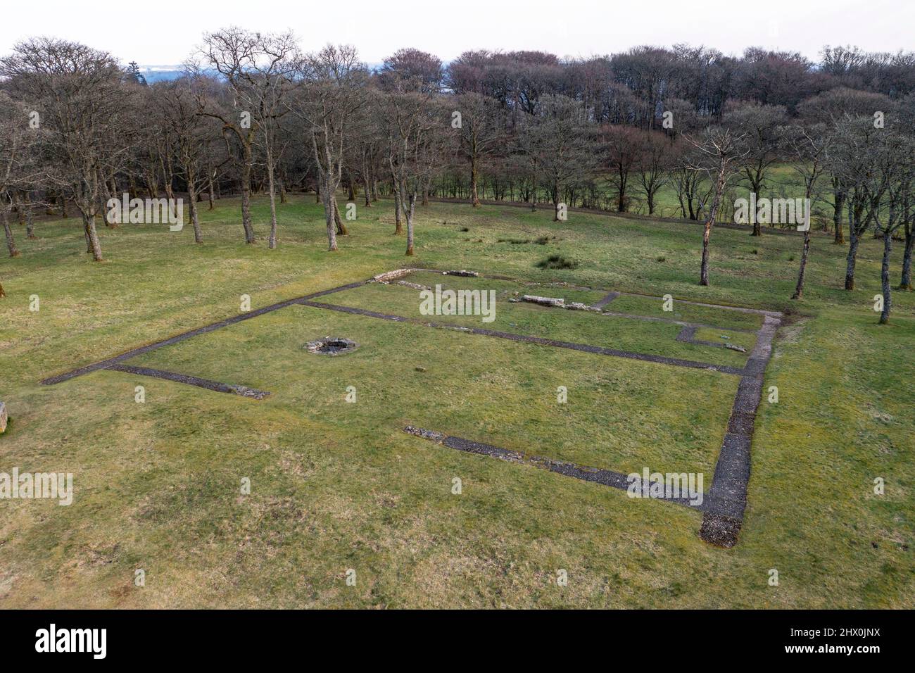 Aerial view of Bar Hill Roman fort on the Antonine Wall, the highest ...