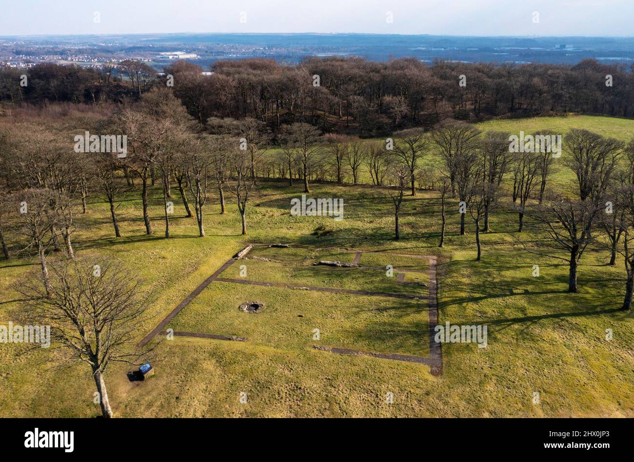 Aerial view of Bar Hill Roman fort on the Antonine Wall, the highest ...