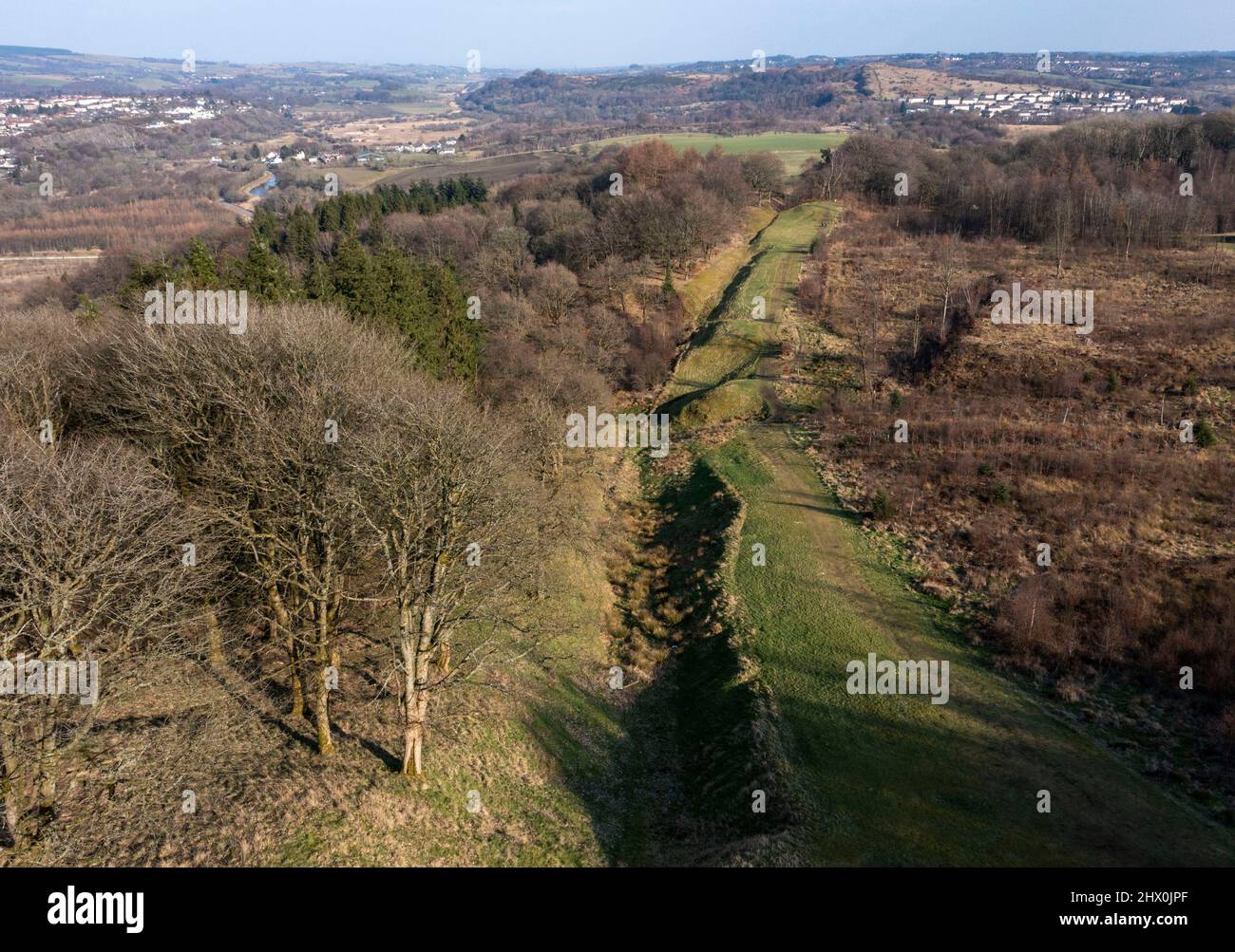 Aerial view looking east of the Antonine Wall from Bar Hill Roman fort ...