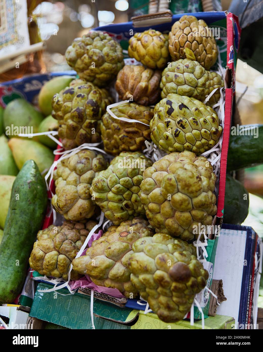 Sugar apple on the counter of the authentic Egyptian market. Fresh ...