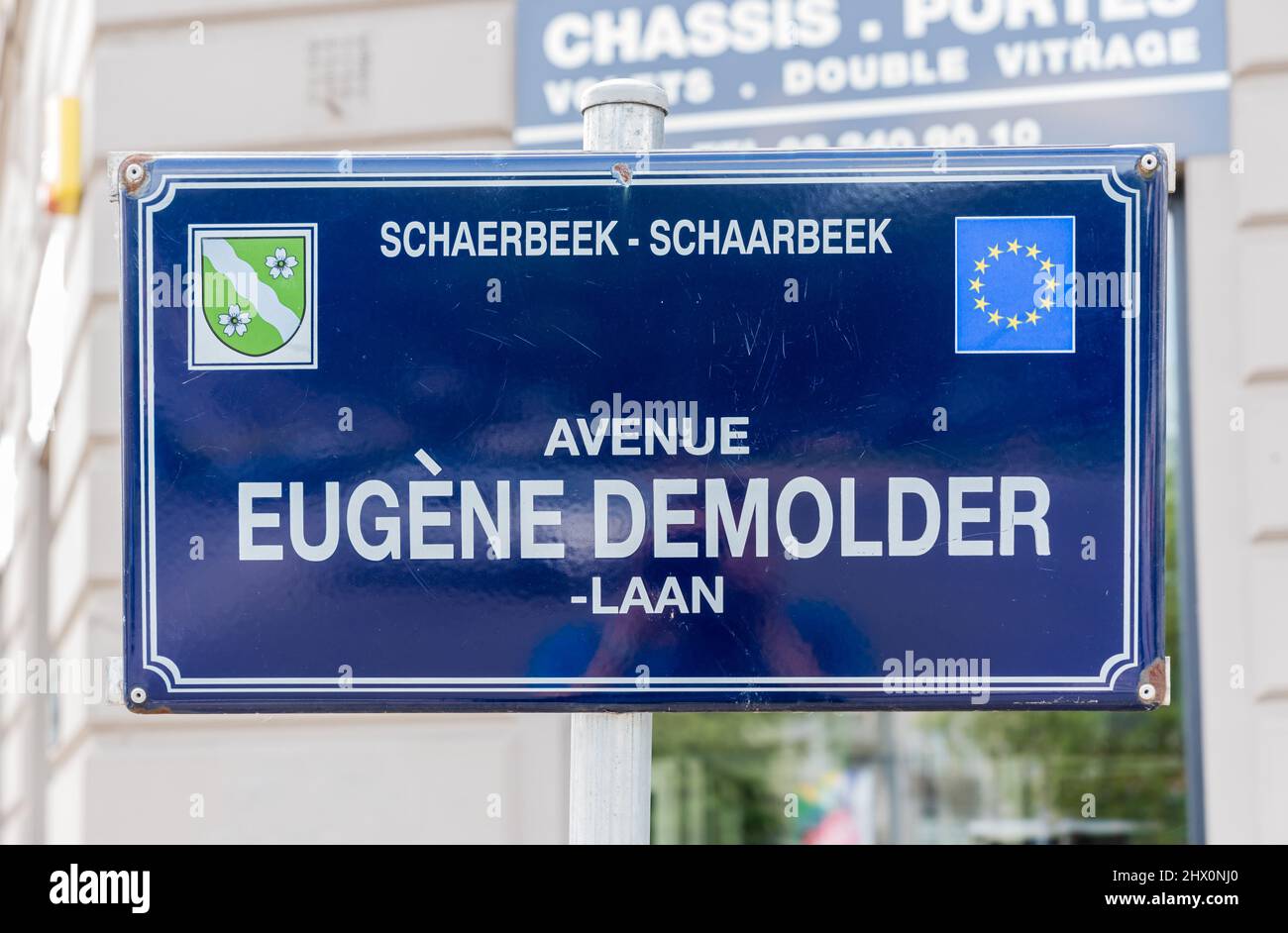 Schaerbeek, Brussels - Belgium - 05 30 2019 The blue sign of the Eugene ...