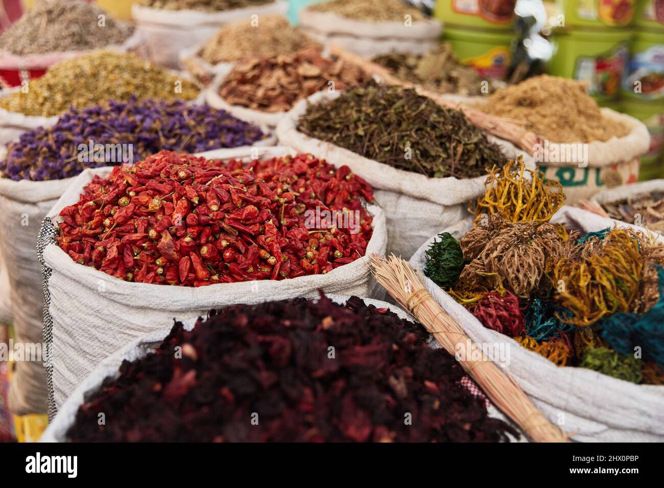Variety organic pepper, flowers, hibiscus, herbs in sacks on sale on a ...