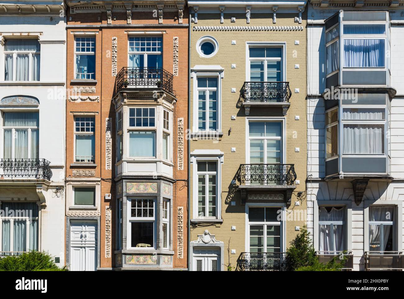 Schaerbeek, Brussels, Belgium - 06 29 2019 - Facades of typical upper ...