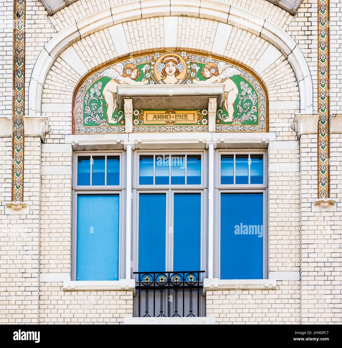 Schaerbeek, Brussels , Belgium - 06 29 2019 - Detail of an art nouveau ...