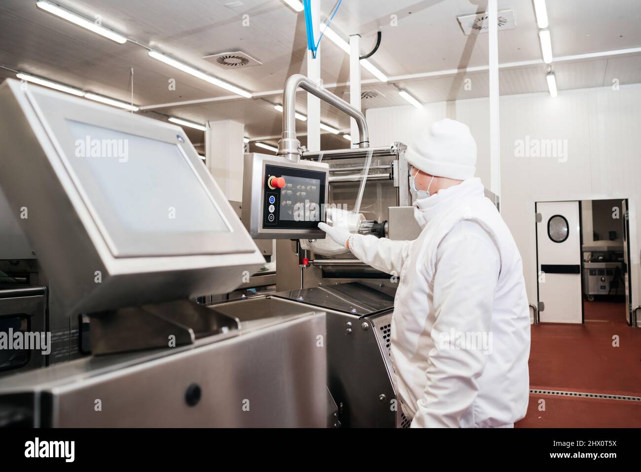 Meat processing plant.Industrial equipment at a meat factory.Modern ...