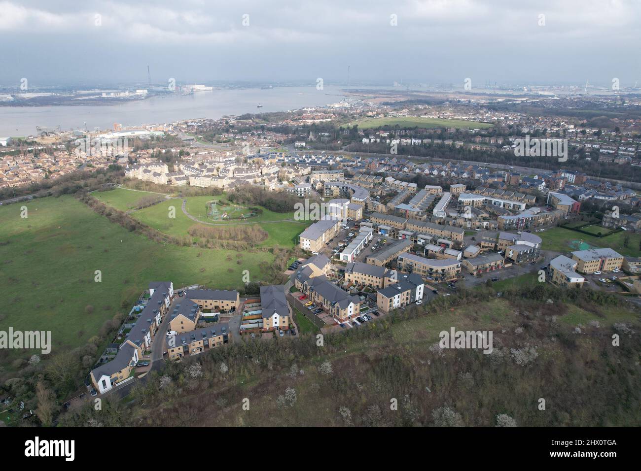 Greenhithe Kent UK drone aerial view Thames in background Stock Photo ...