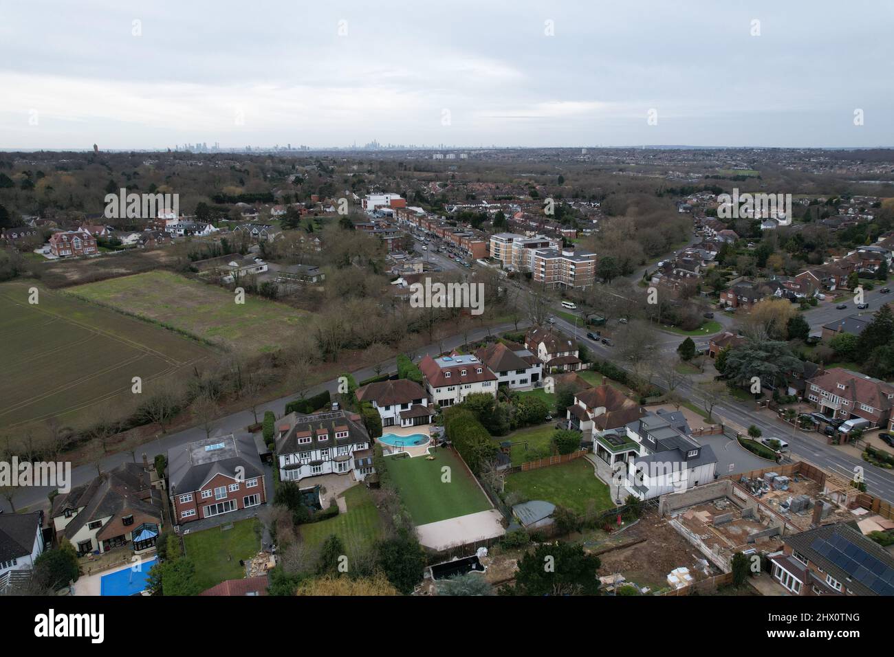 Chigwell Essex UK drone aerial view High street and residential roads ...
