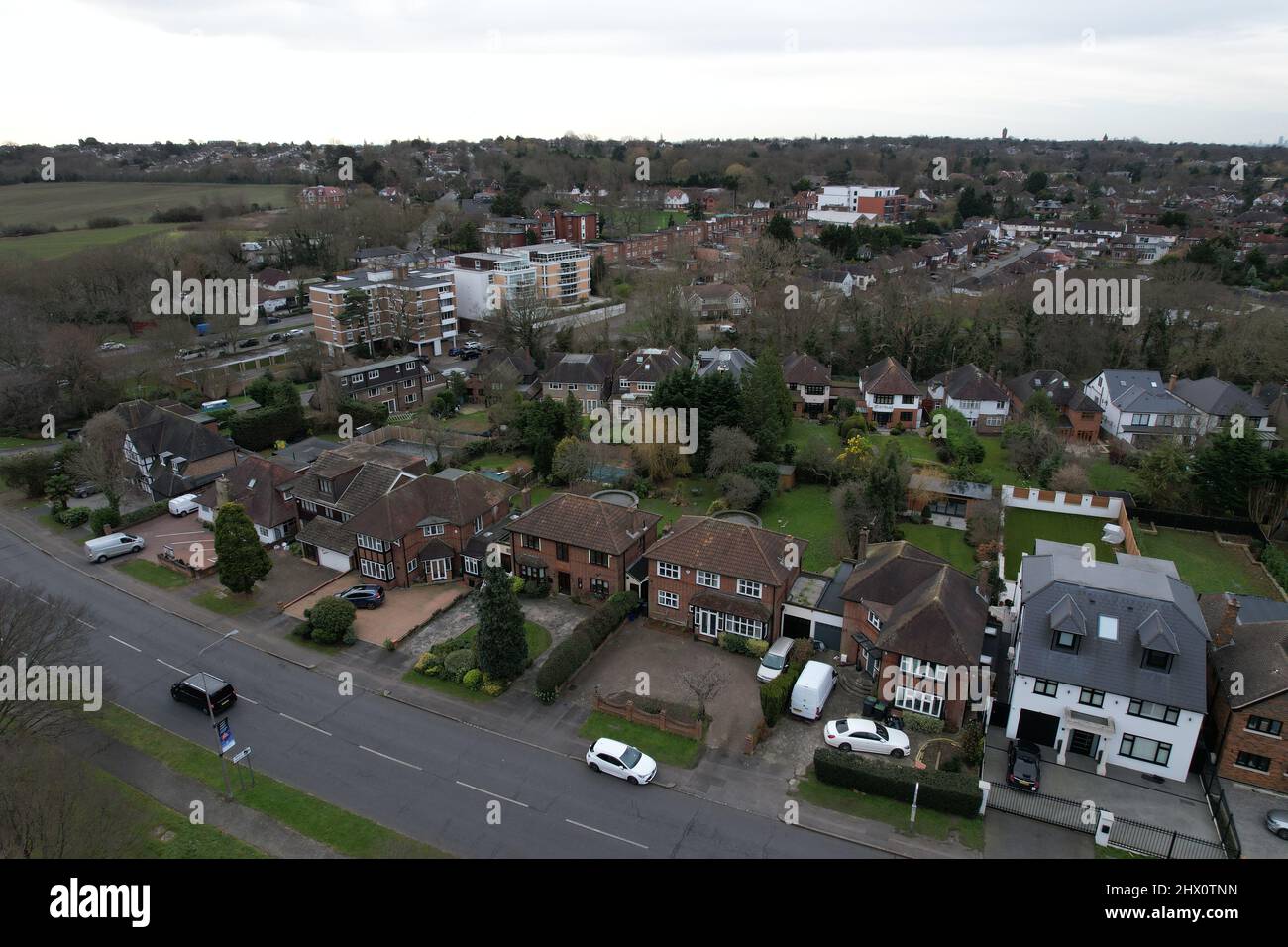 Chigwell Essex UK drone aerial view High street and residential roads ...