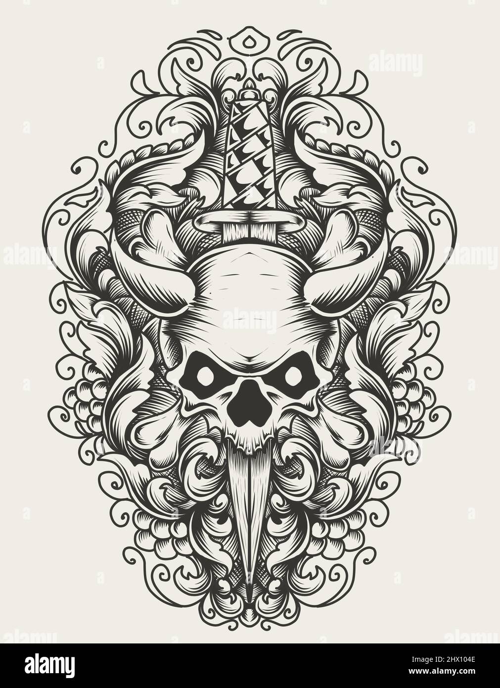 illustration vector skull knife with engraving ornament Stock Vector ...