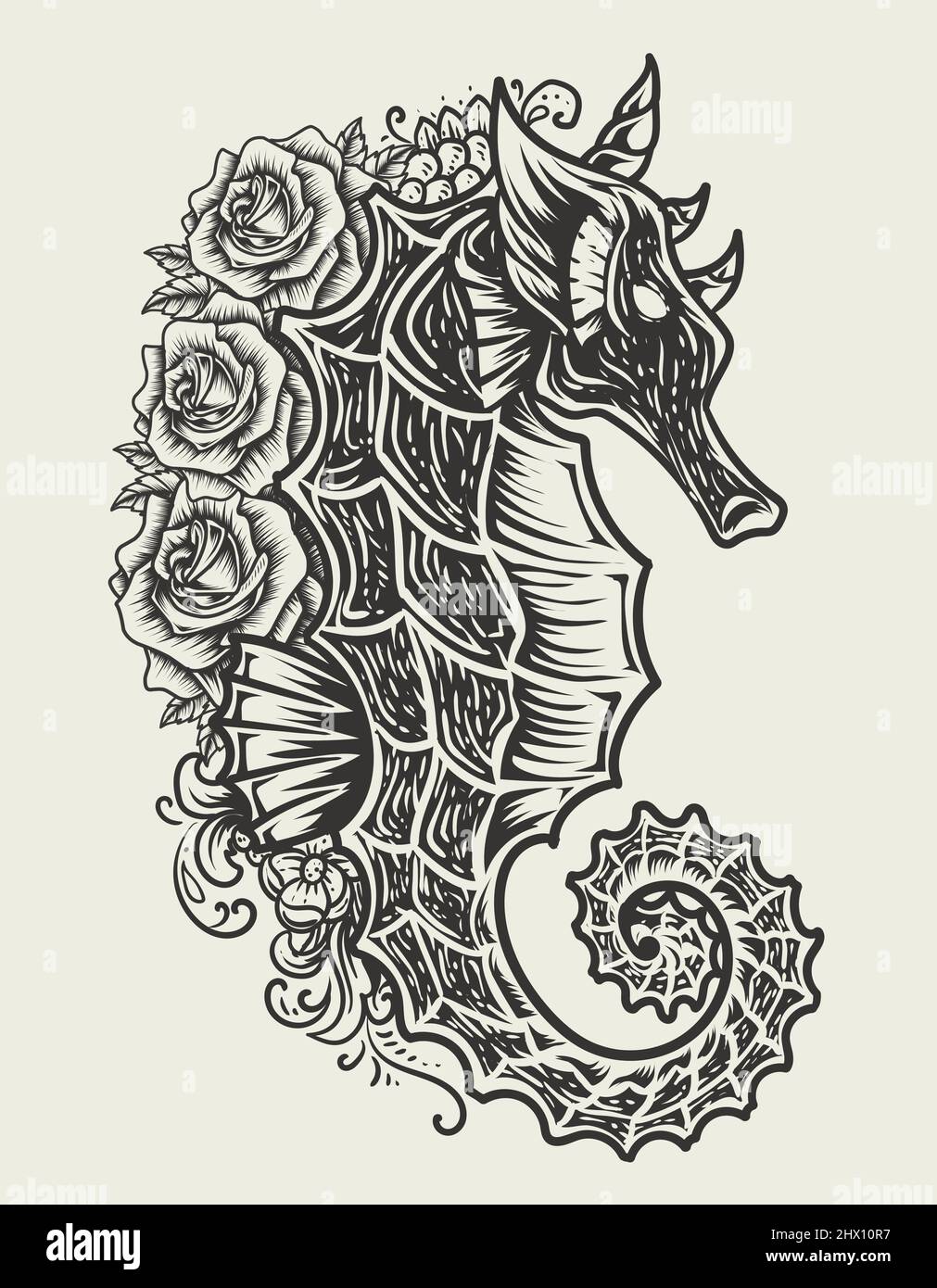 illustration vector seahorses with rose flower monochrome style Stock ...