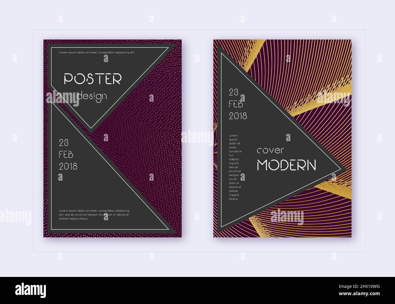 Black cover design template set. Gold abstract lines on maroon ...