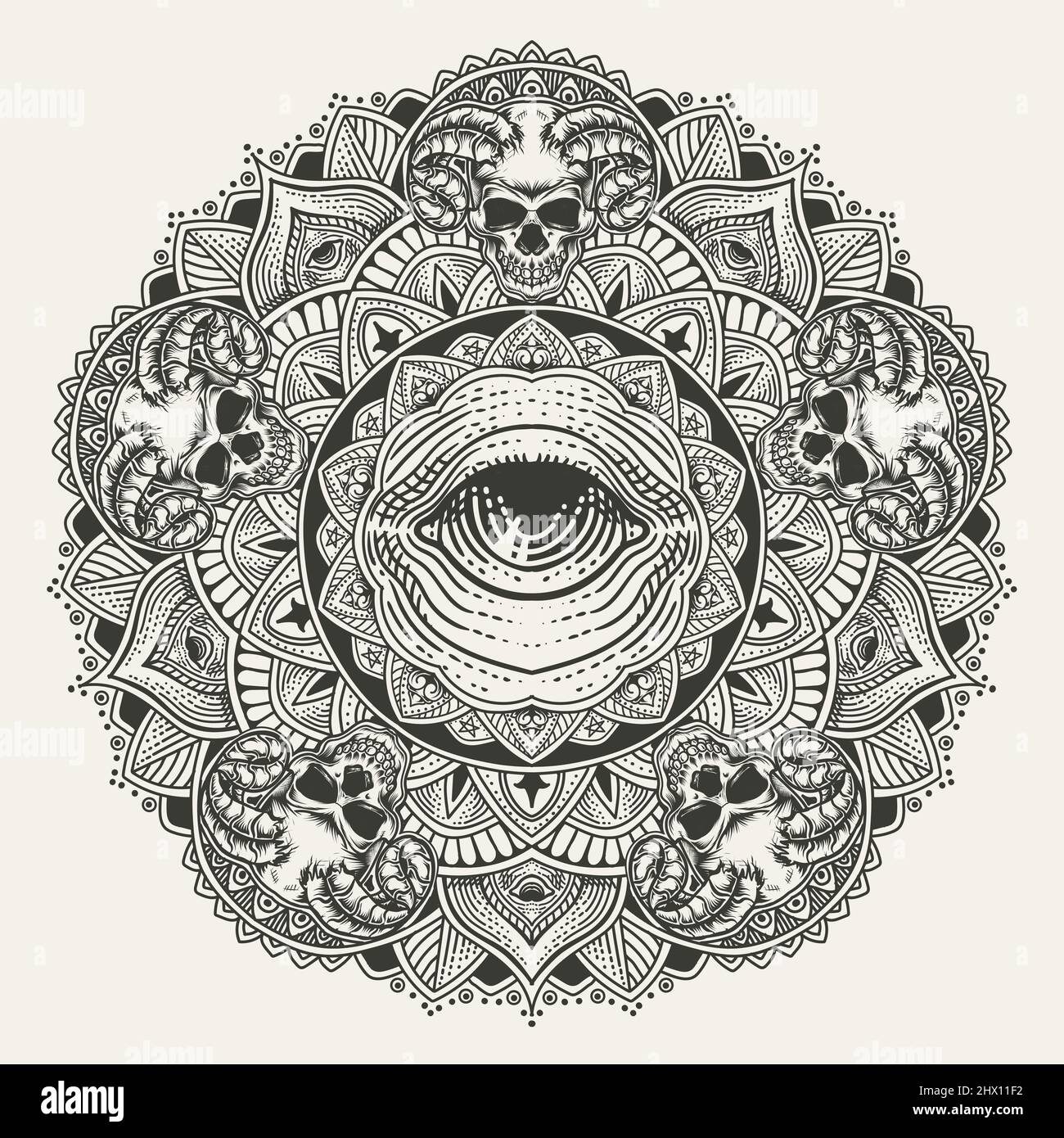 Elegant Circle mandala with skull and illuminati eyes on white ...