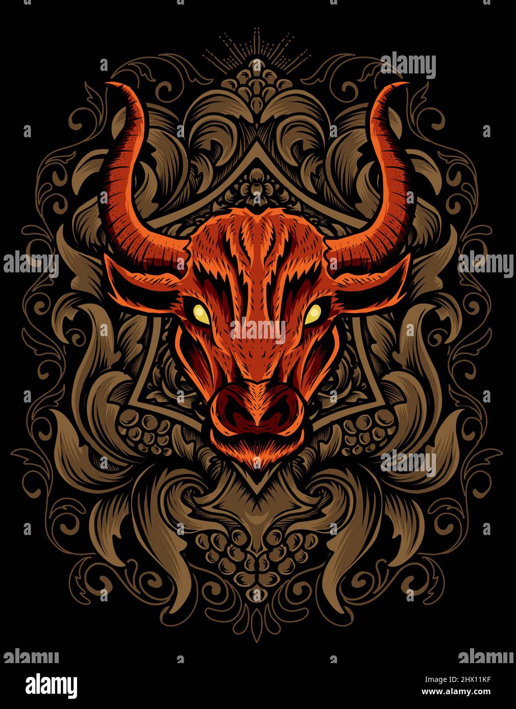 Illustration vector Bull head with vintage engraving ornament on black ...