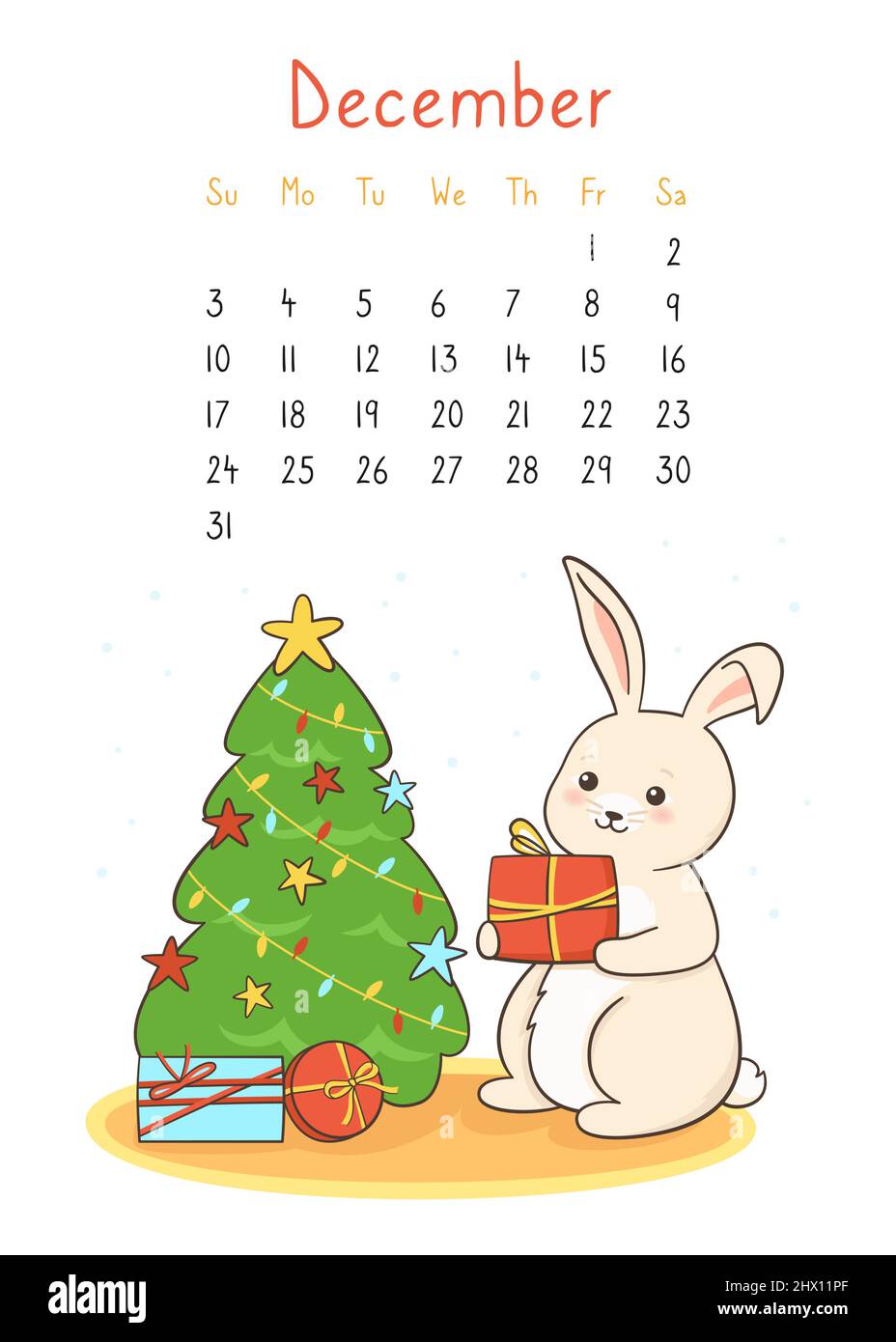 Calendar 2023 with rabbit, december page planner organizer. Bunny and ...