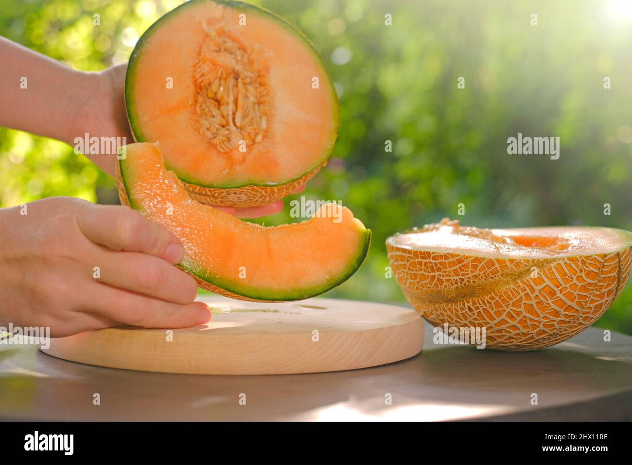 Melon womens hands cut ripe hi-res stock photography and images - Alamy
