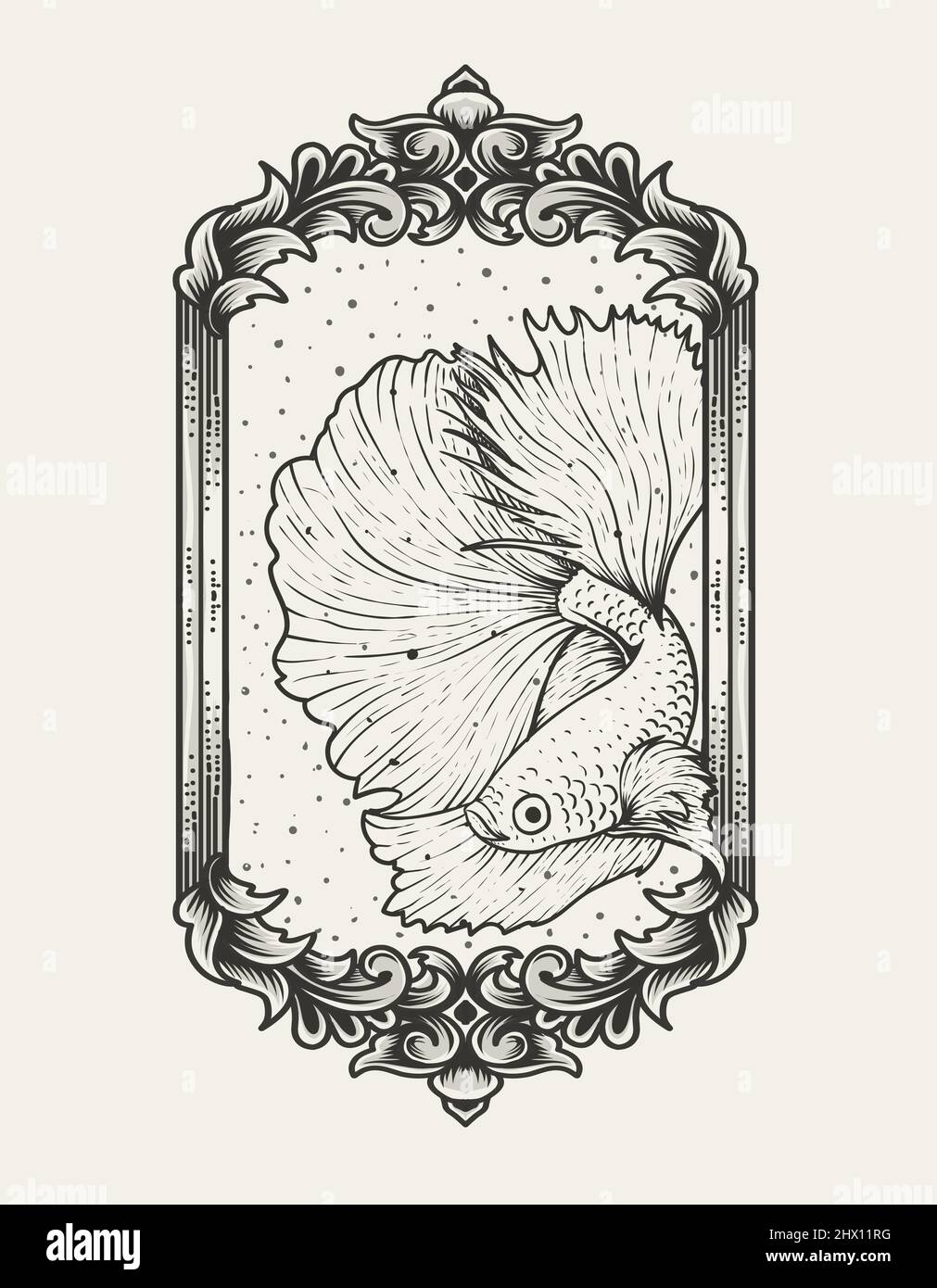 illustration vector monochrome betta fish with antique aquarium ...