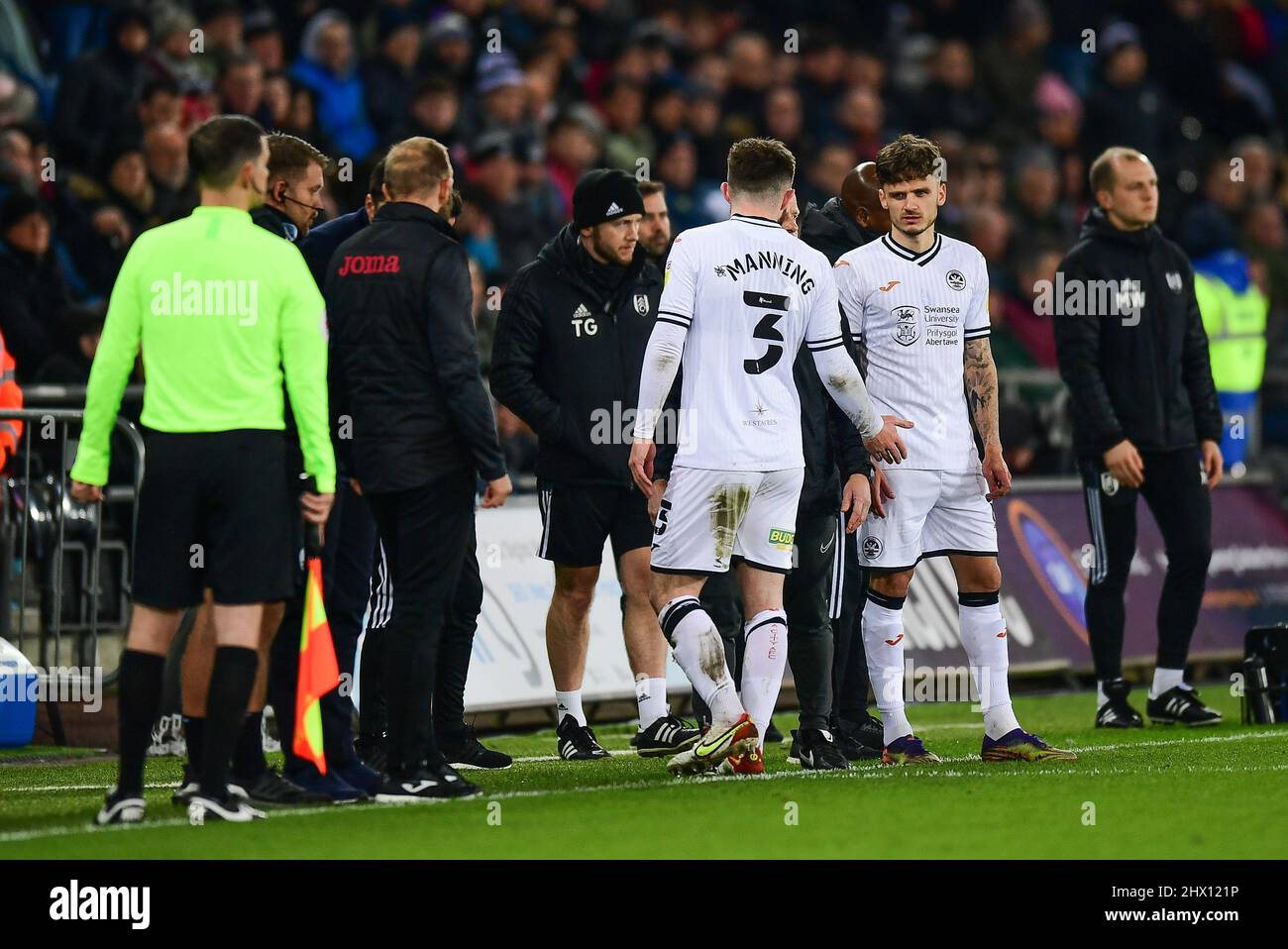 Ryan Manning #3 of Swansea City pleads his innocence to 4th official ...