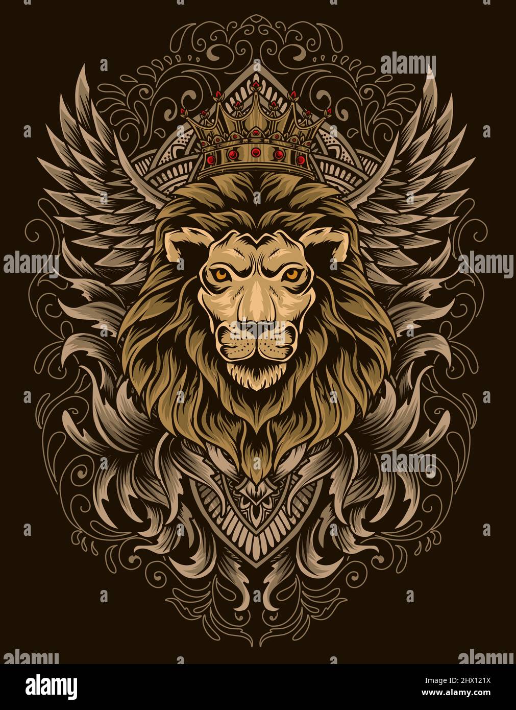 illustration vector lion head with vintage engraving ornament Stock ...