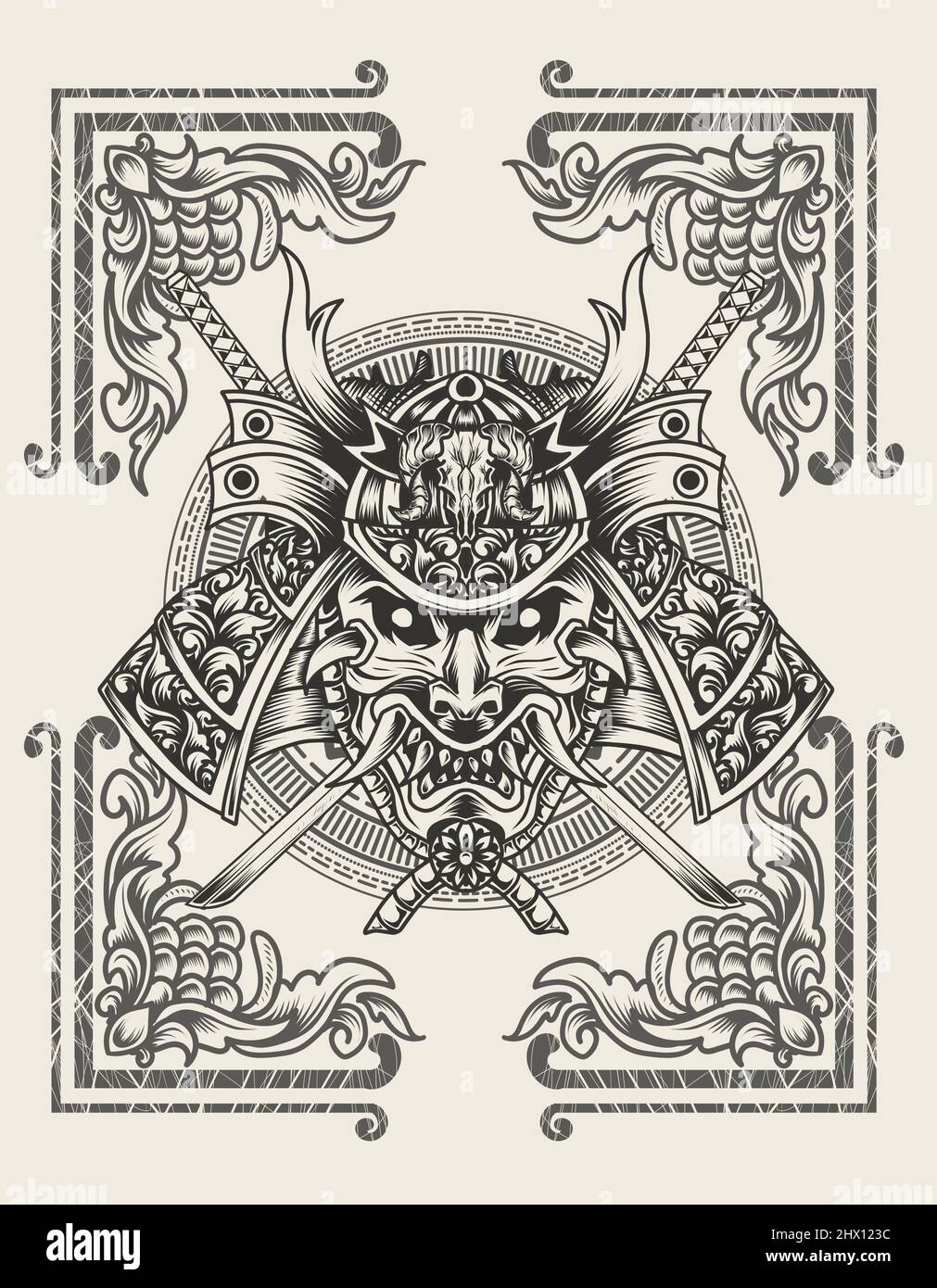 illustration vector samurai head engraving ornament Stock Vector Image ...