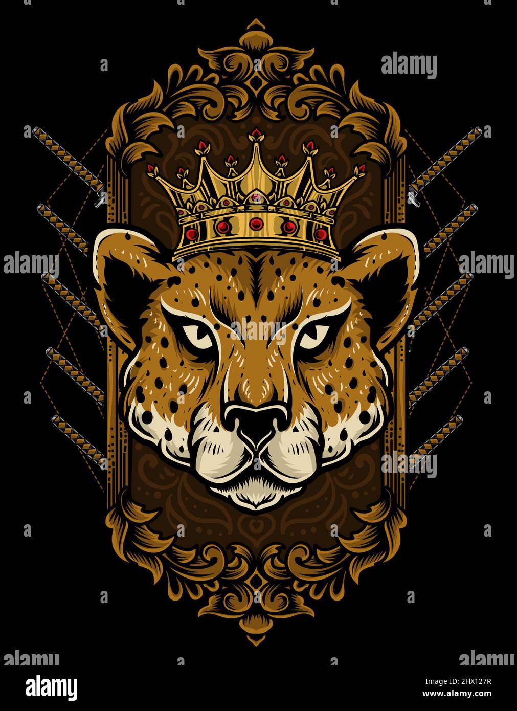 illustration cheetah king with vintage ornament style Stock Vector ...