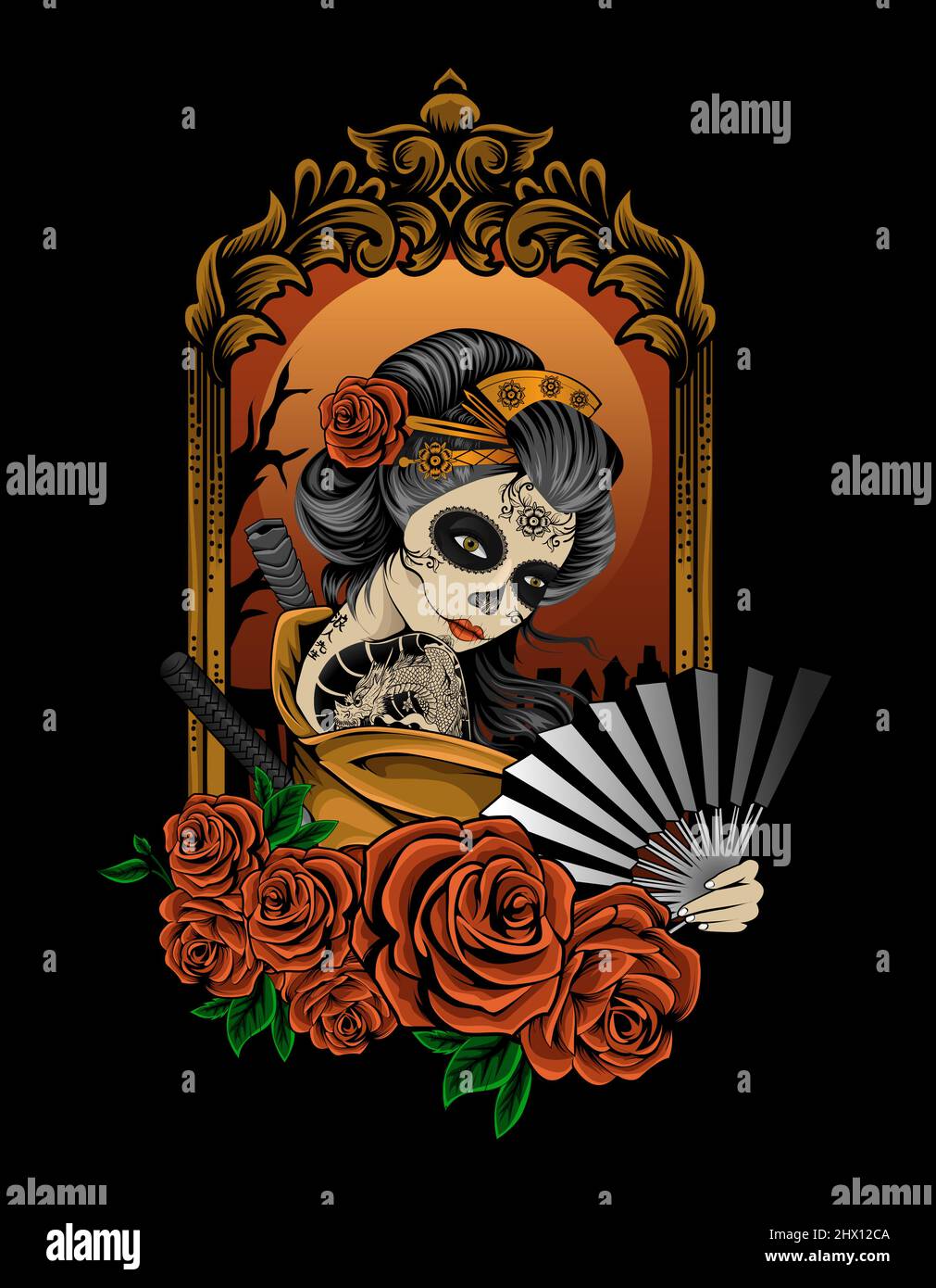 illustration beautiful geisha woman with rose flower ornament Stock ...
