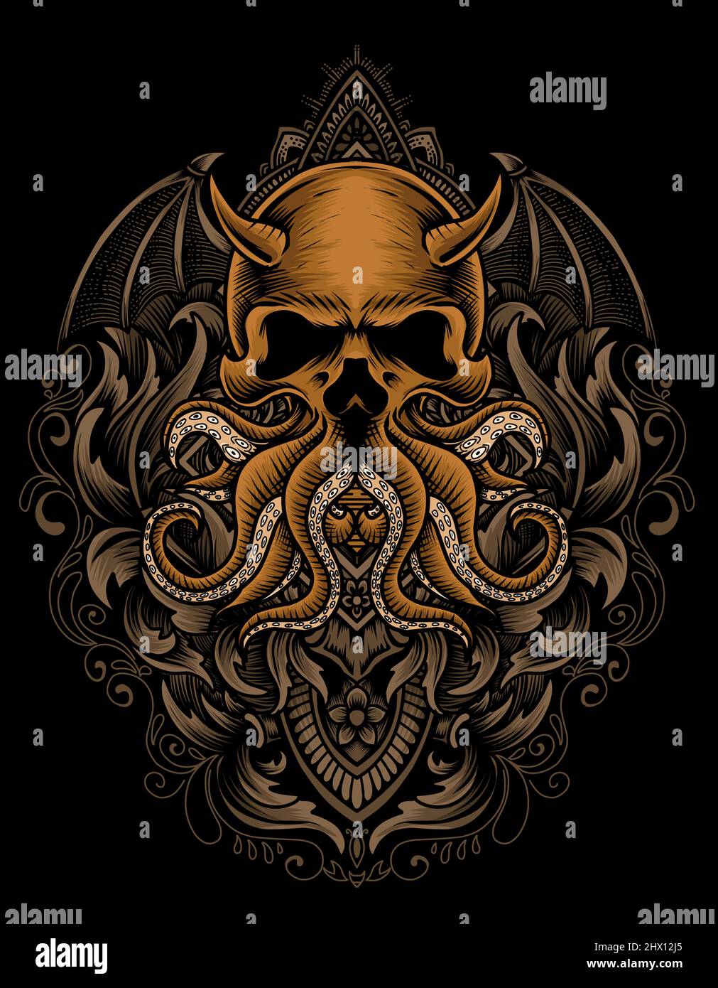 illustration skull octopus with vintage engraving ornament Stock Vector ...