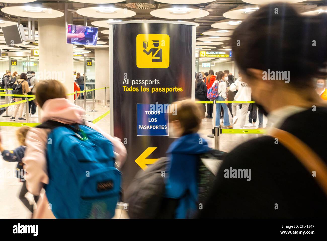 All passports sign at the border passport control, Madrid-Barajas ...