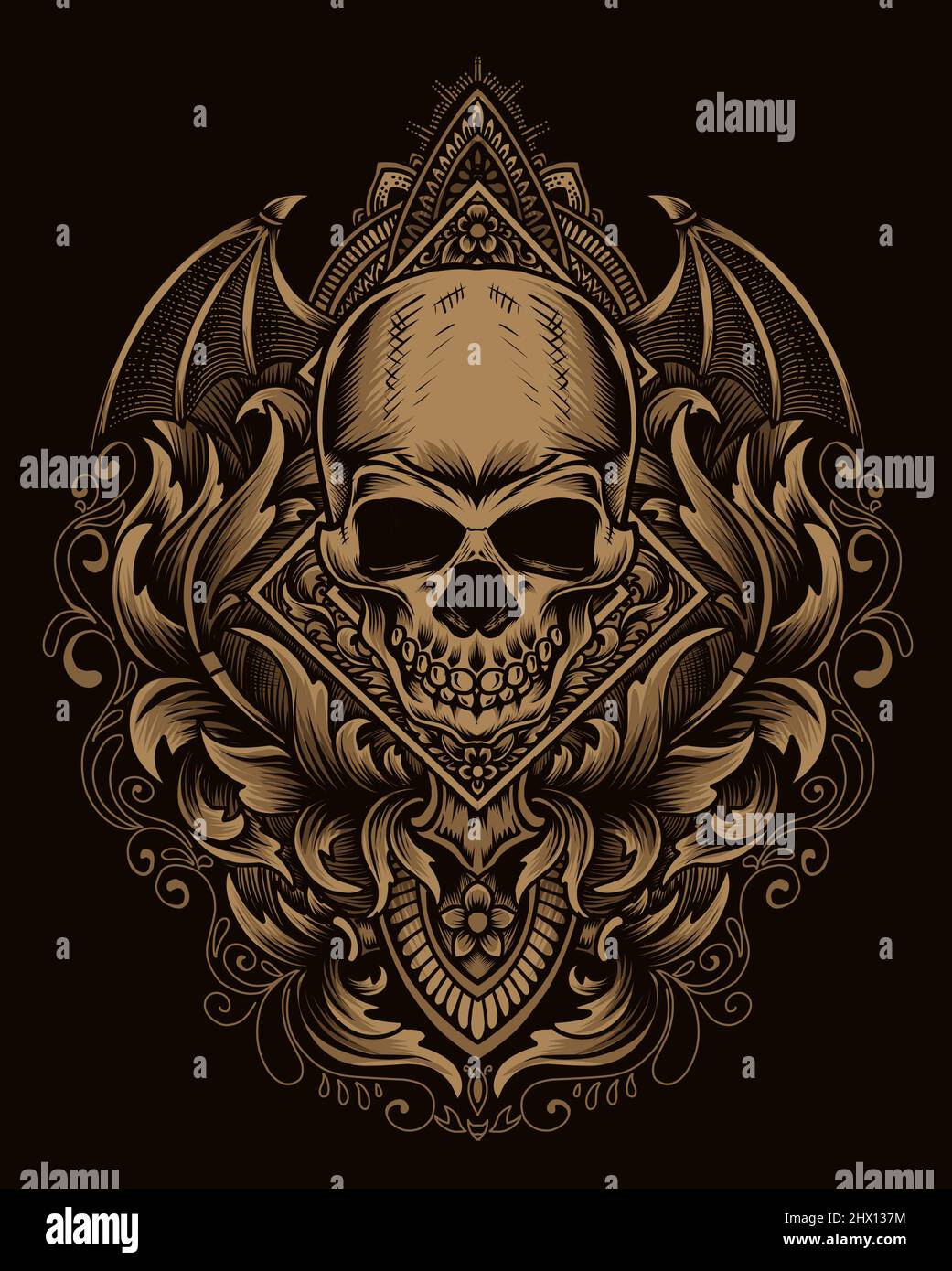 illustration demon skull head with antique engraving ornament Stock ...