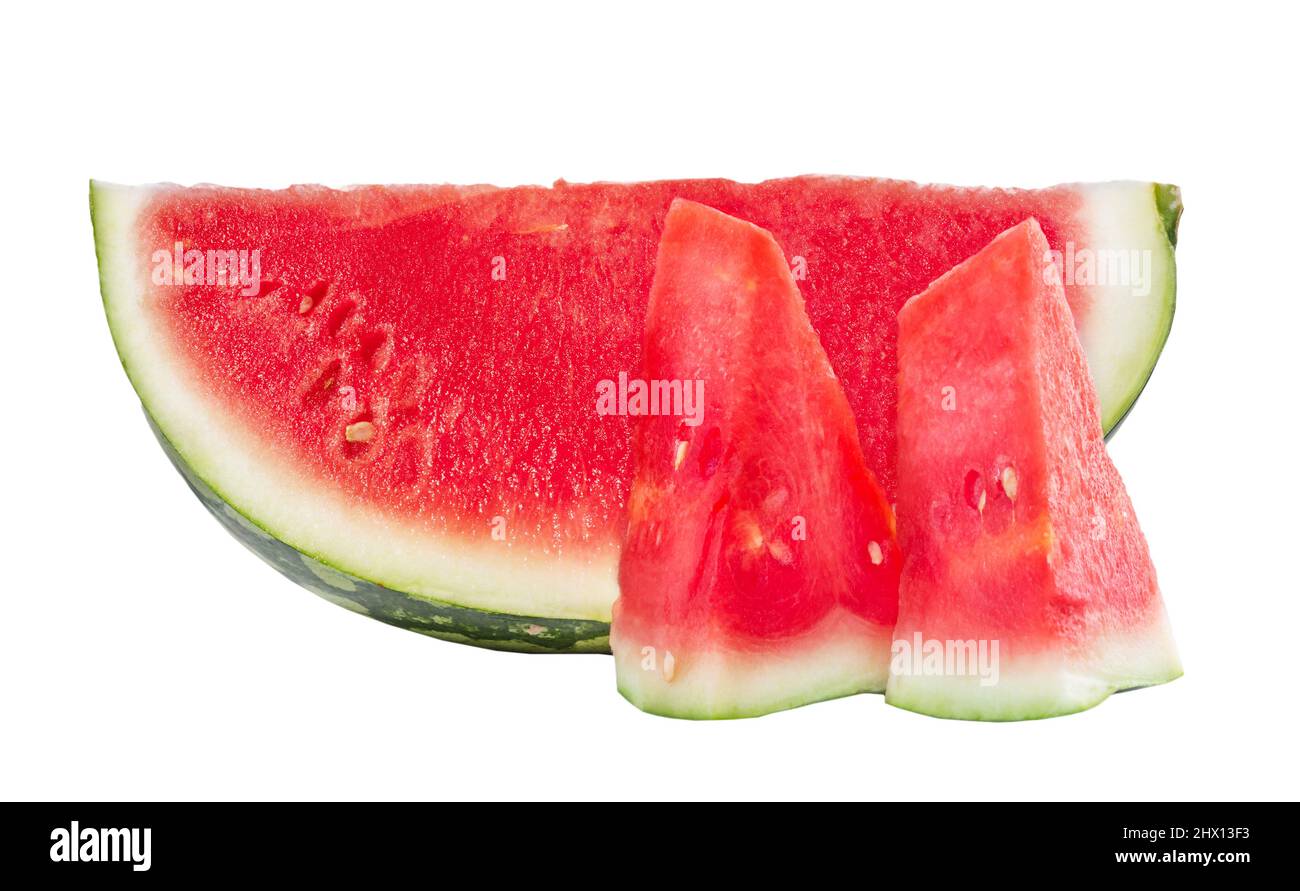 Red juicy watermelon and two slices isolated on white background Stock ...
