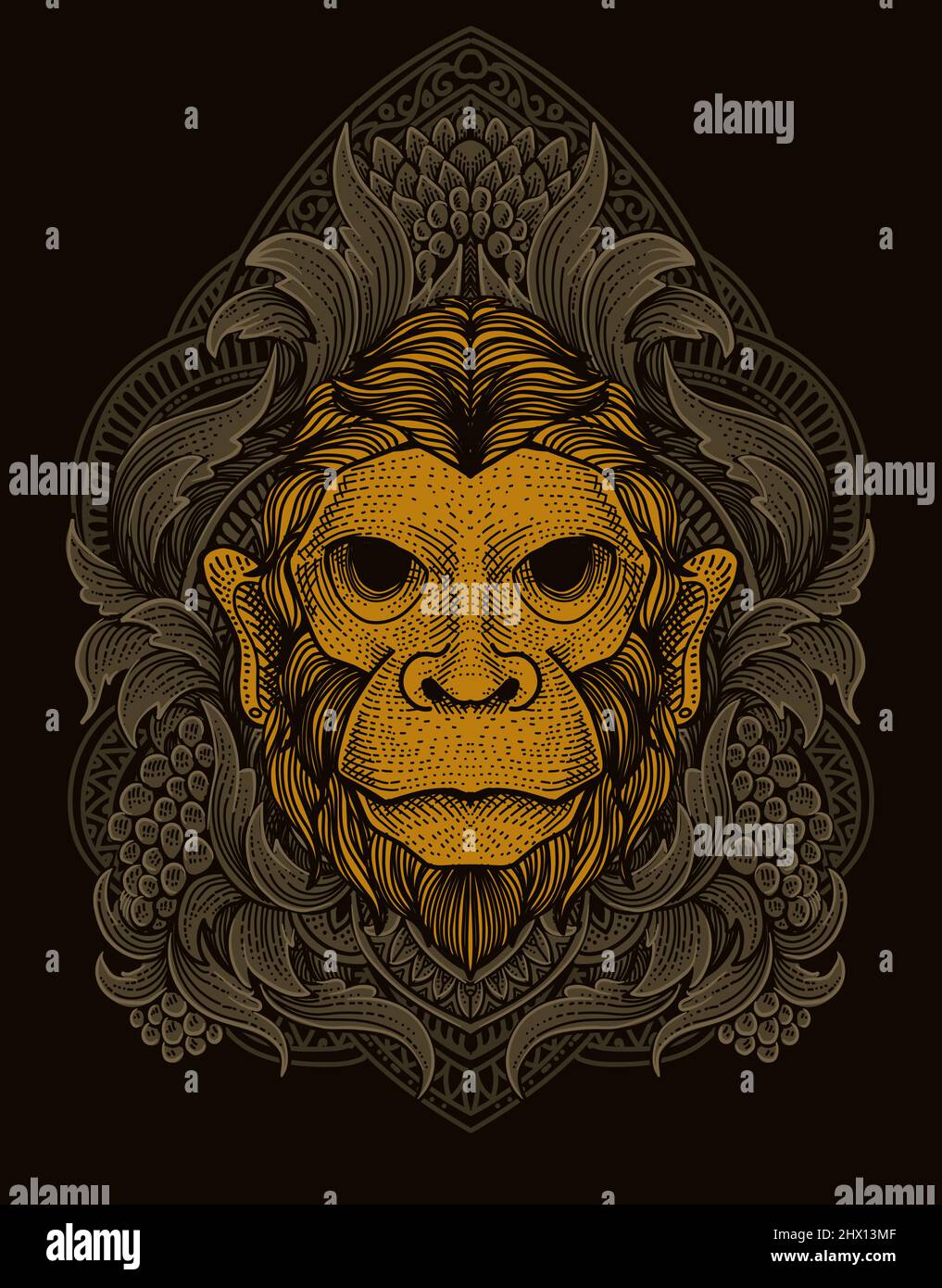 illustration monkey head with vintage engraving ornament style Stock ...