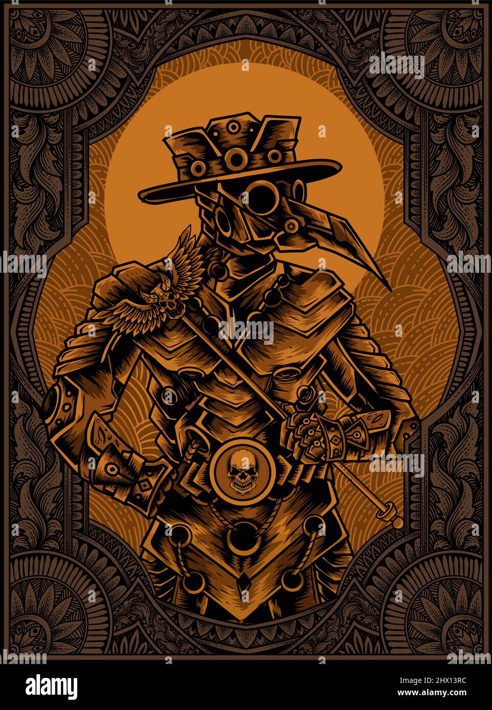 illustration plague doctor robotic costume on vintage engraving frame ...