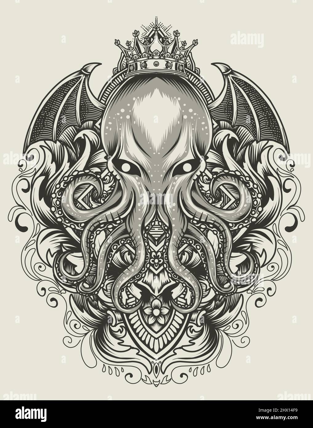 illustration king octopus with vintage engraving ornament monochrome ...