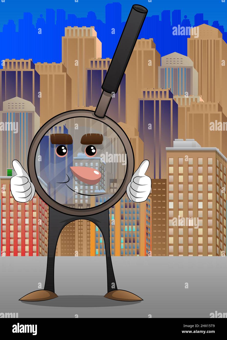 Magnifier making thumbs up sign with two hands. Cartoon Character ...