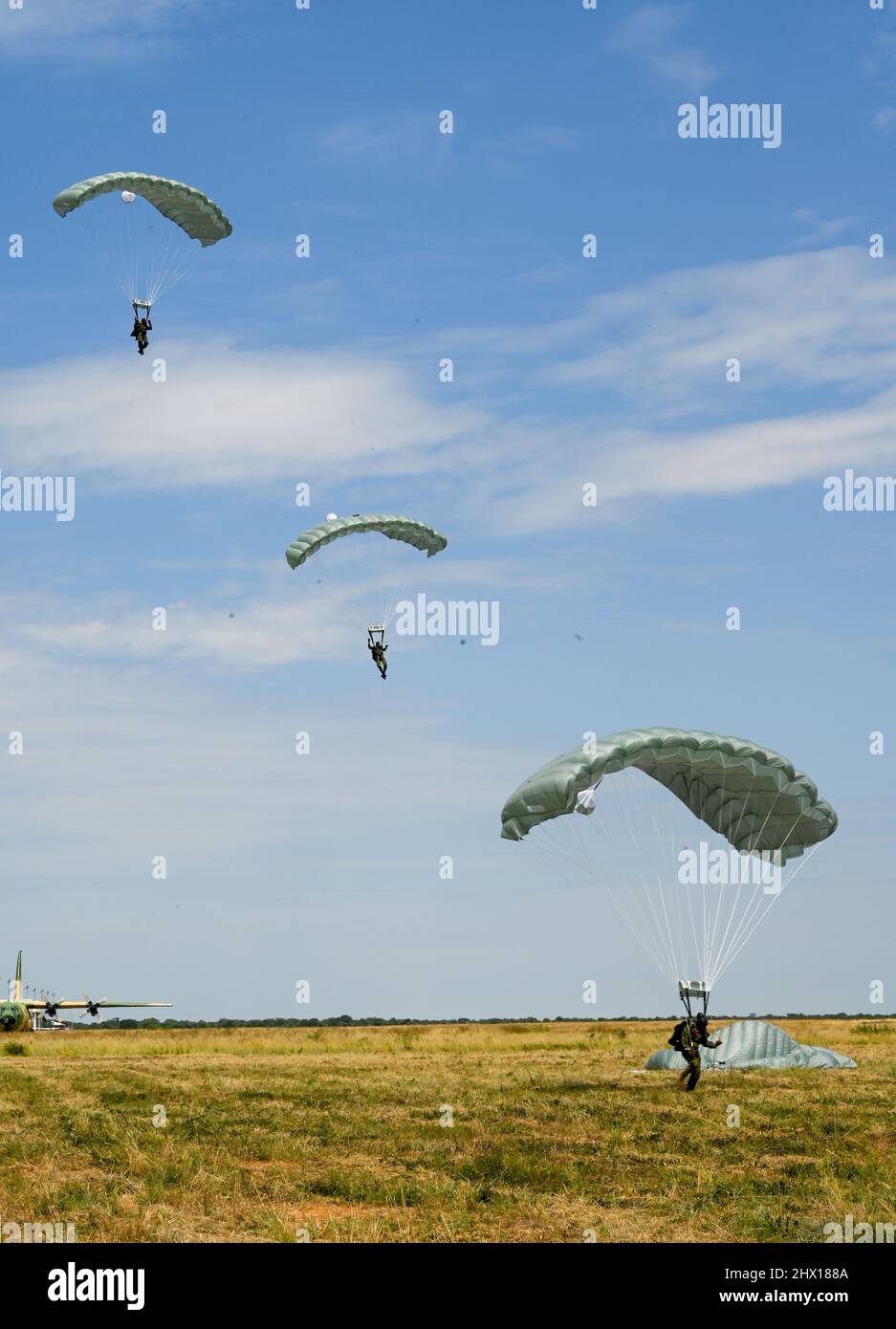 Soldiers from the Botswana Defense Forces conduct an aerial freefall ...