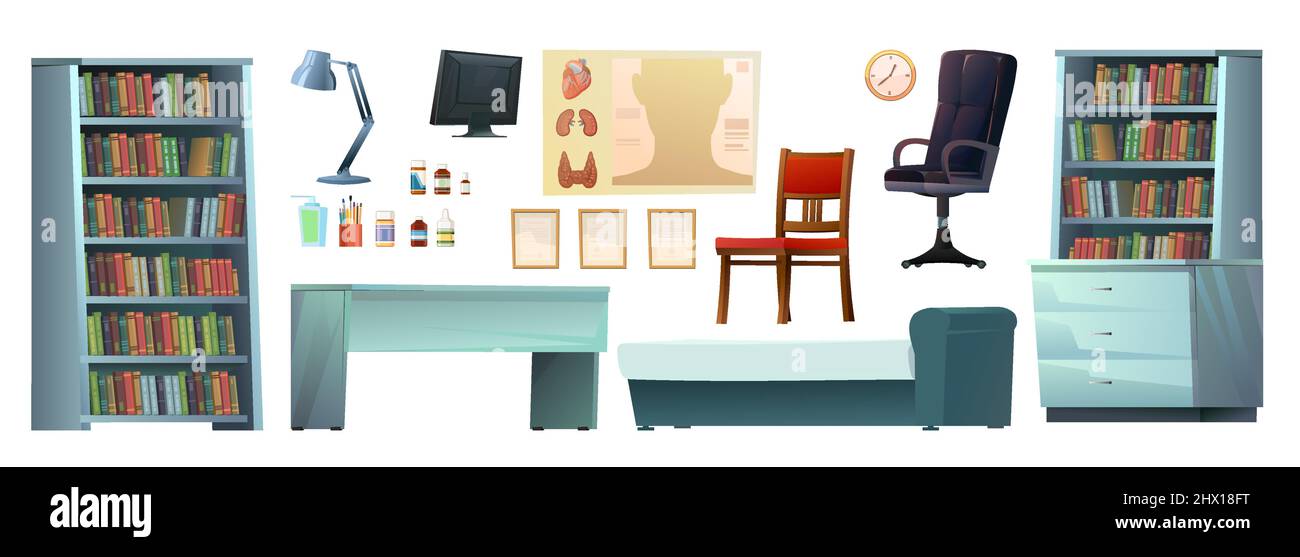 Doctor office set of object. Work desk with armchair and PC computer ...