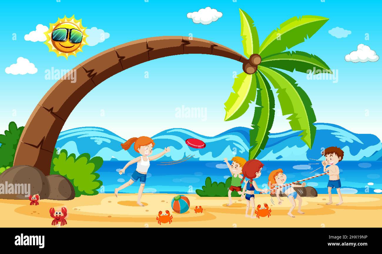 Kids Playing At The Beach Clip Art