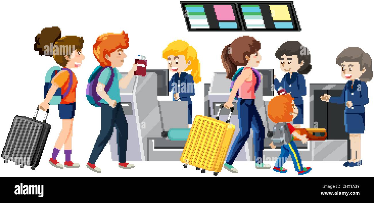 Passengers at check-in counter with service staffs illustration Stock ...