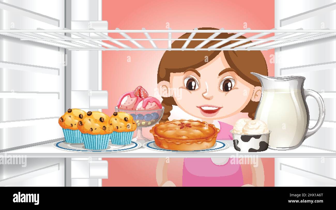 Girl looking an inside the refrigerator with food illustration Stock ...
