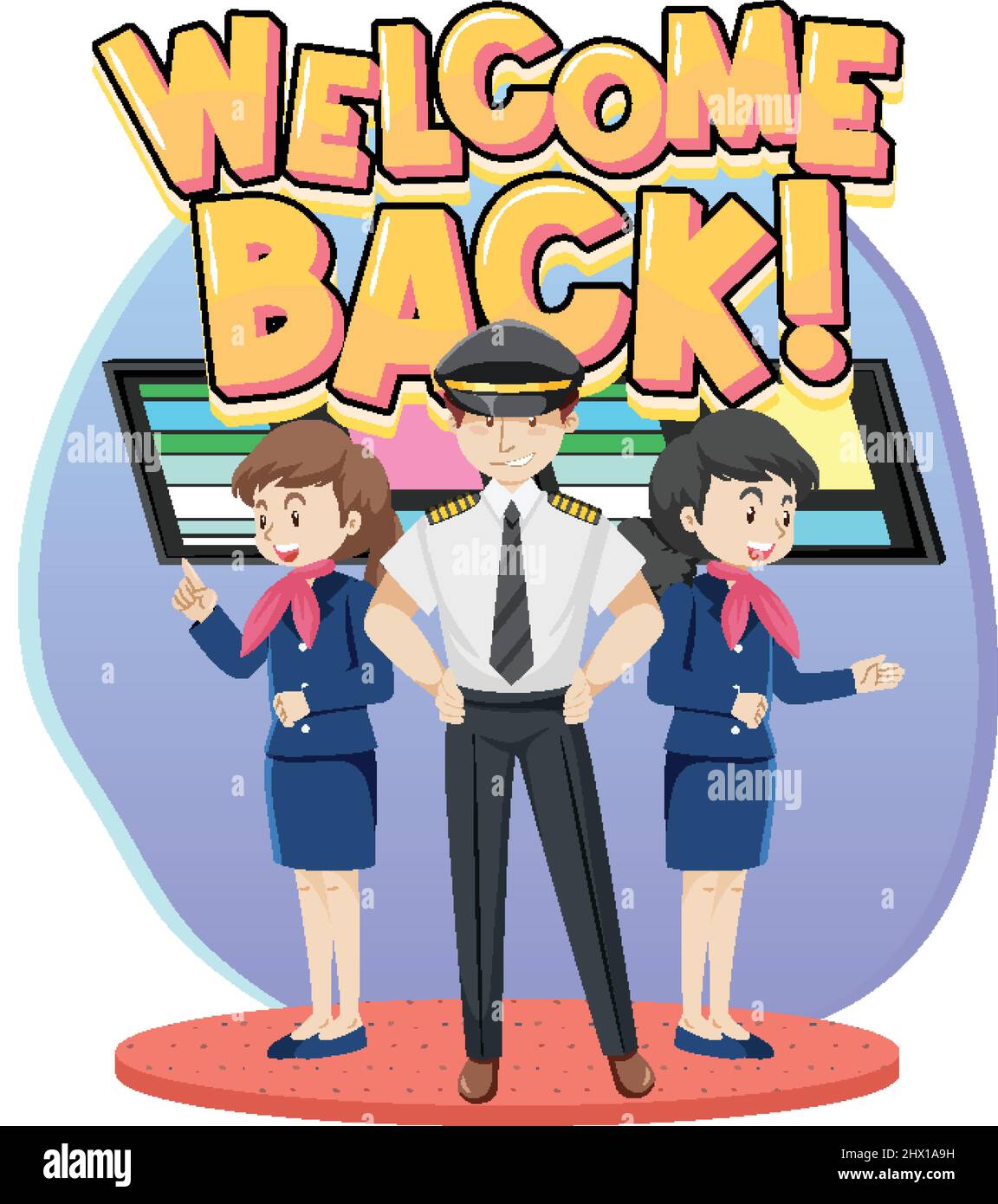 Welcome Back typography logo with aircrews cartoon characters ...