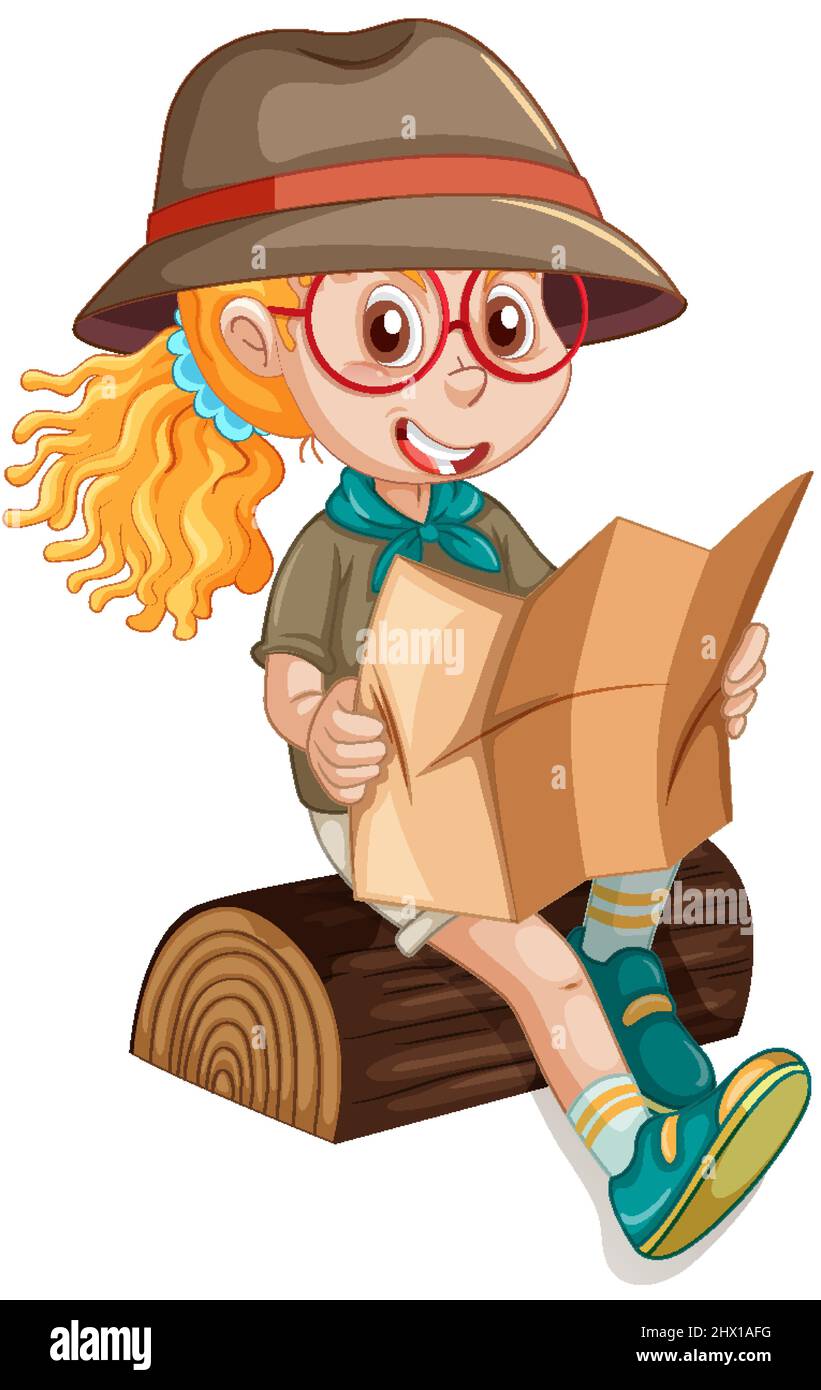 Little girl on log reading a map illustration Stock Vector Image & Art ...