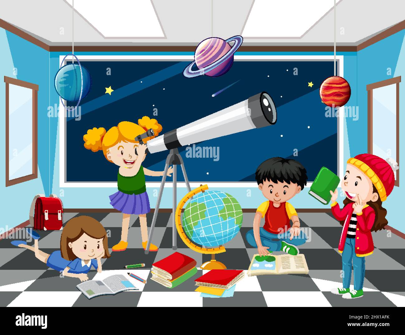 A Kids Looking at the planet with Telescope at observatory illustration ...