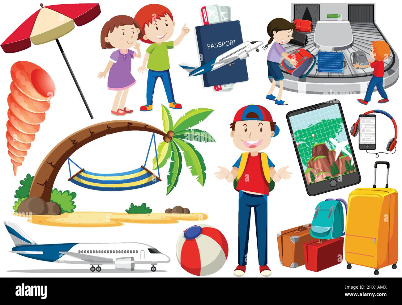 Set of cartoon character and object for travel illustration Stock ...