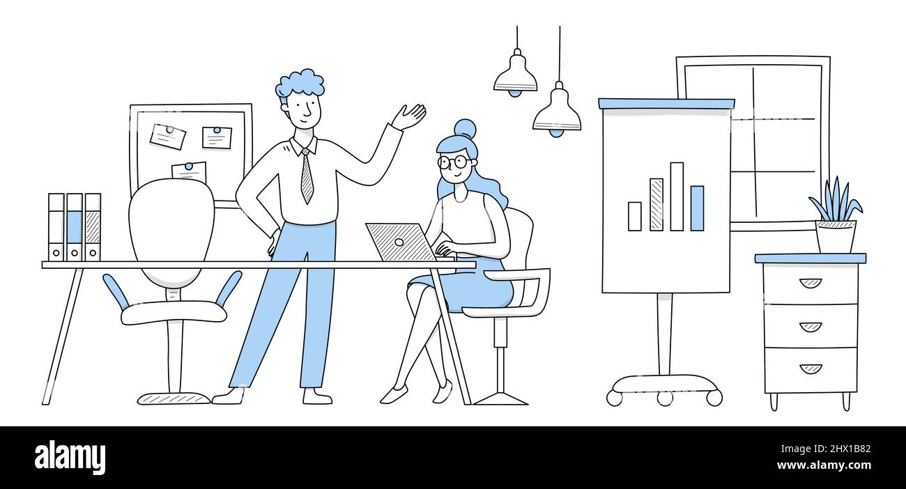 Office workers doodle concept with businessman and businesswoman ...