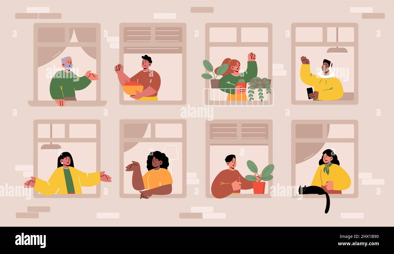 House facade with angry arguing people in windows. Concept of quarrel ...