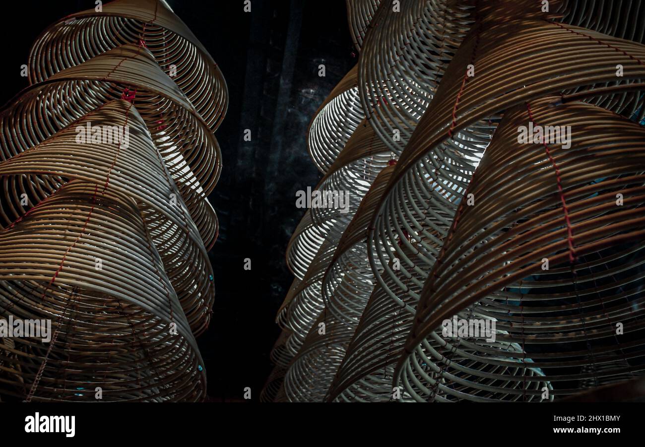 Multiple large yellow incense coils hanging in stacks from the Ceiling ...